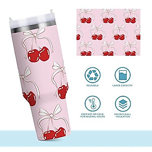 OTVEE 30oz Cherry Bow Tie Ribbon Tumbler with Handle and Straw, Double Wall Vacuum Reusable Stainless Steel Insulated Water Bottle Travel Mug Cup for Hot and Cold Drinks
