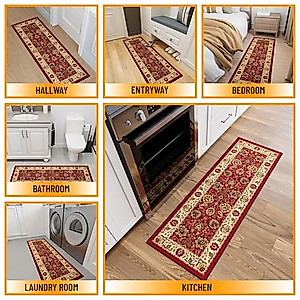 Ottomanson Machine Washable Oriental Design Non-Slip Rubberback 2x5 Traditional Runner Rug for Hallway, Kitchen, Bedroom, Entryway, 20" x 59", Red