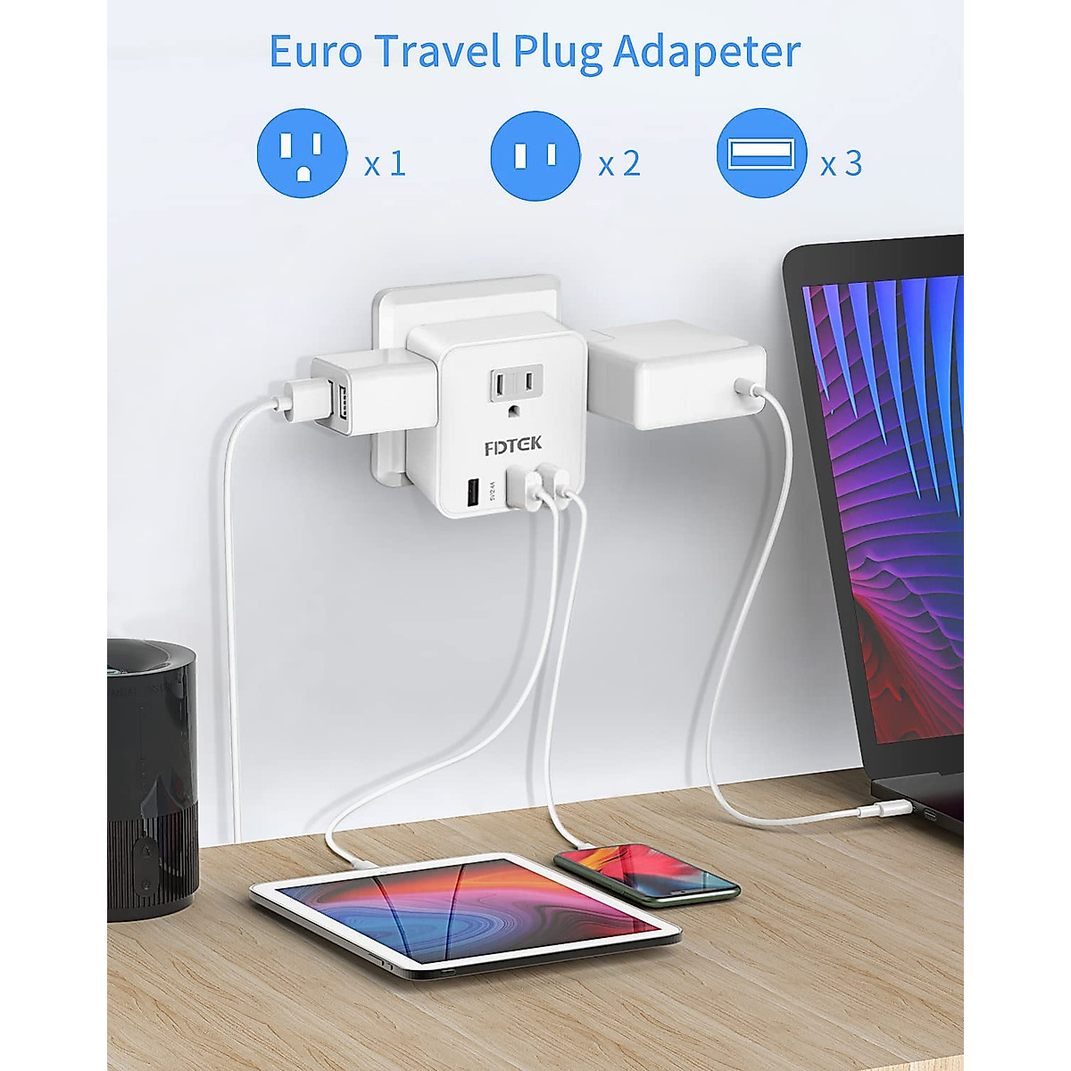 European Travel Plug Adapter, FDTEK US to Europe Power Adapter with 3 USB and 3 AC Outlet, Euro Charger Adaptor Type C for USA to EU France Germany Greece Italy Israel Spain, 2-Pack