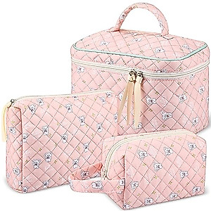 Paterr 3 Pieces Cotton Quilted Makeup Bag Set Coquette Cosmetic Bag Aesthetic Travel Toiletry pouch Cute Pouch Kawaii Aesthetic for Women(Pink,Pink Rabbit)