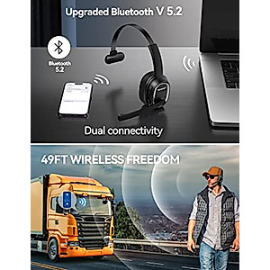 TECKNET Bluetooth Headset Wireless Headphones with Microphone AI Noise Cancelling & Mute Trucker Bluetooth Headset V5.2 Over-Ear Headphones for Truck Driver Cell Phone PC Computer Home Office Skype