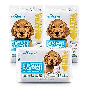 Paw Inspired Disposable Dog Wraps | Male Dog Diapers Ultra Protection | Belly Band for Male Dogs | Excitable Urination, Incontinence, or Male Marking (36 Count, Small)