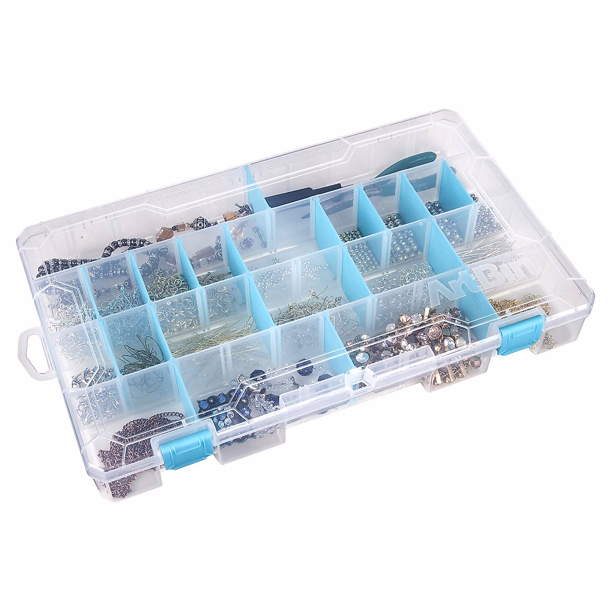ArtBin 6857AG Large Anti-Tarnish Box with Removable Dividers, Jewelry & Craft Organizer with Anti-Tarnish Technology, [1] Plastic Storage Case, Clear with Aqua Accents