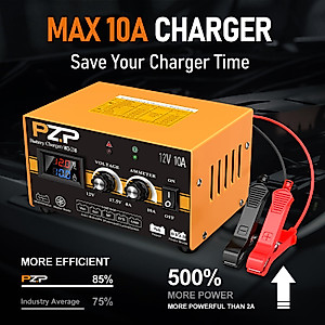 PZP 12V Manual Battery Charger Maintainer, 0 to 10A Arbitrarily Adjustable Car Battery Trickle Charger, Battery Desulfator with Repair, Winter Mode, Suitable for Lawn Mower, AGM, Deep Cycle Batteries
