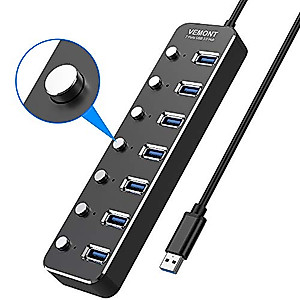VEMONT USB hub Aluminum USB 3.0 Data Hub with Individual On/Off Switches and LED Lights for Laptop, PC, Computer (4ft/120cm) (7port)