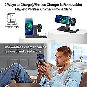 Magnetic Wireless Charger for iPhone 14/14 Plus/13/12/Pro,Pro Max,Mini, FOVAL for Detachable Magsafe Charger Stand Fast Charging Station with QC3.0 Adapter for iWatch/AirPods(Watch Cable NOT in)