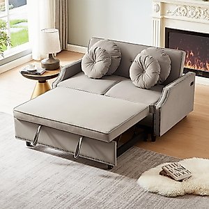 Merax 54.7" Loveseat Sofa Couch with Pull Out Bed, 3 in 1 Convertible Bella Fabric Sleeper Sofa Bed with Two USB Ports, and 2 Floral Lumbar Pillows for Apartment, Office, Living Room (Coffee)