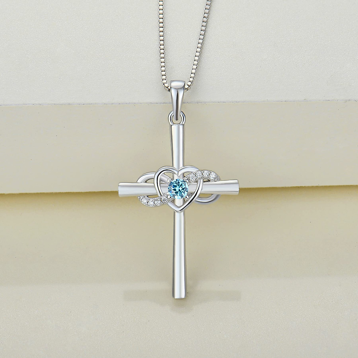 YL Women's Cross Necklace Sterling Silver Infinity Heart Crucifix Pendant Created Aquamarine Criss Jewelry