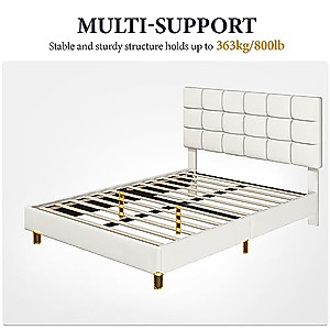 Yaheetech Full Upholstered Bed Frame, Platform Bed Frame with Square Tufted Fabric Headboard Height Adjustable, Wooden Slats Support, No Box Spring Needed, Beige
