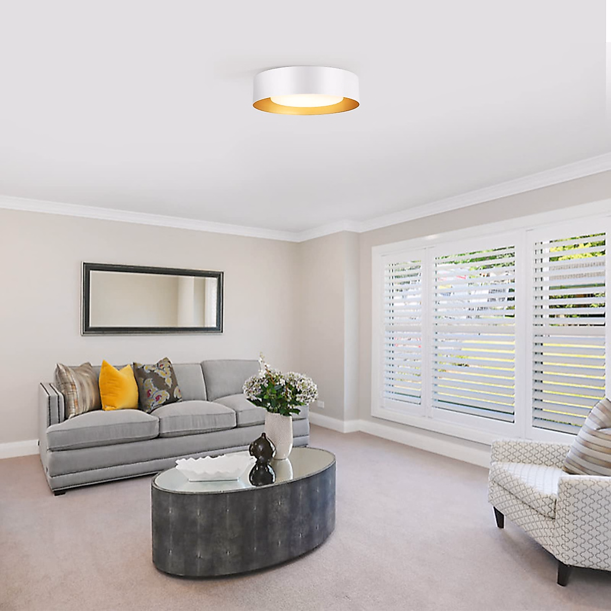 Yiisem Modern White and Gold Flush Mount Ceiling Lights, 16.5" Minimalist Glass Round Ceiling Lighting, Drum Close to Ceiling Light Fixtures for Living Room, Bedroom, Dining Room, Kitchen, Hallways