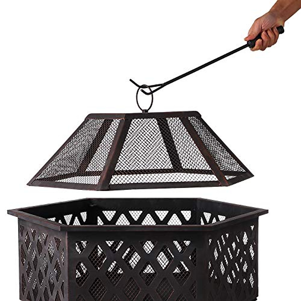 OKIDA Hex-Shaped Fire Pit Iron Brazier Wood Burning Coal Pit Bonfire Firebowl Stove Outdoor Metal Fireplace with Mesh Screen Cover Poker for Patio Backyard Garden Beach Camping Picnic 24in Bronze