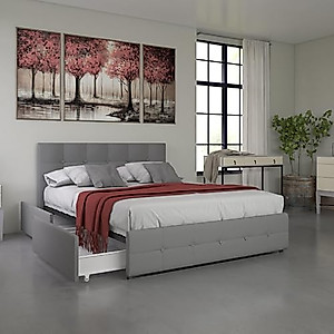 DHP Rose Upholstered Platform Bed with Underbed Storage Drawers and Button Tufted Headboard and Footboard, No Box Spring Needed, Full, Gray Linen