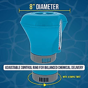 U.S. Pool Supply Pool Chlorine Floater Dispenser with Thermometer - 8" Diameter Floating Chlorinator, Large Capacity Holds 3" Tablets - Adjustable Ring for Balanced Delivery