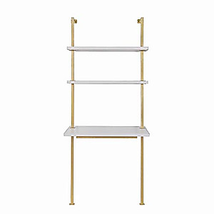 Nathan James Theo 2-Shelf Industrial Wall Mount Ladder Small Computer or Writing Desk, White/Gold Brass