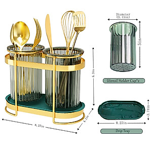 Zarnicy Kitchen Utensil Holder for Countertop - Cooking Utensils Silverware Caddy Organizer, Flatware Storage Cutlery Crock, Upgraded 2-Cups Drying Utensil Container With Drain Tray
