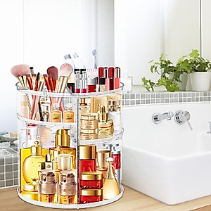 360 Rotating Makeup Organizer, DIY Adjustable Bathroom Perfume Organizer Spinning Cosmetics Organizer Countertop For Vanity Large Capacity Acrylic Fits Makeup Brushes Lipsticks Clear
