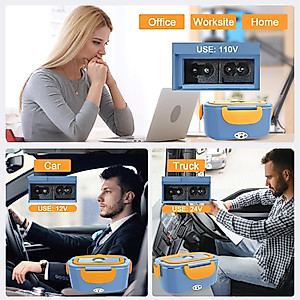 HOLDRUBY 75W Electric Lunch Box food heated 3 In 1 Portable Food Warmer Heater for Car/Truck/Home Heating Lunch Box with 1.5L 304 SS Container, Fork Spoon & Bag (Light Blue+Yellow)