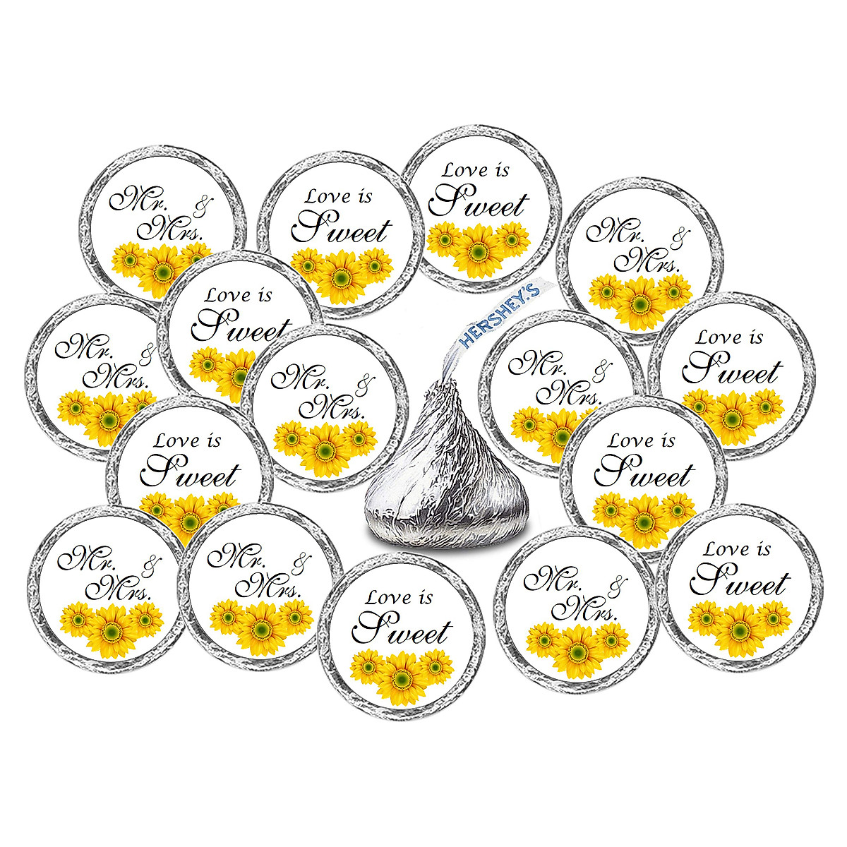 324 Sunflower Love is Sweet Wedding Kisses Stickers. Floral Kiss Wedding Stickers, Chocolate Drops Labels Stickers for Weddings, Bridal Shower Engagement Party, Party Favors for Kisses