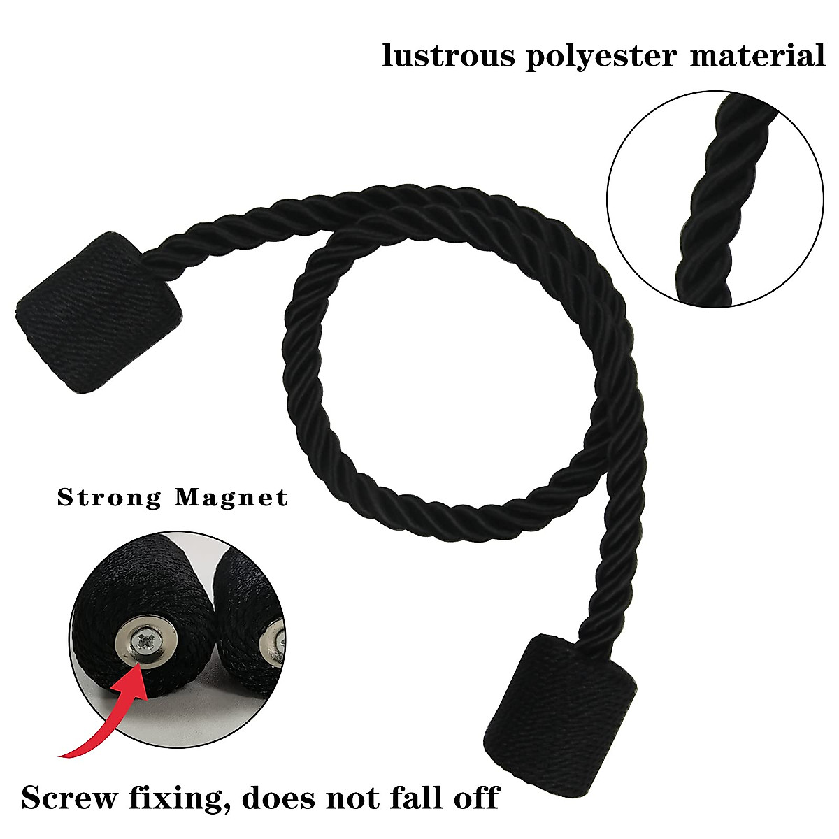 Porlau 6 Pack Black Strong Magnetic Curtain Tiebacks Outdoor Elegant Decorative Tie Backs Modern Rope Tiebacks for Drapes Window Curtain Holdbacks for Draperies