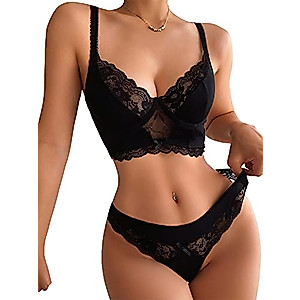 WDIRARA Women's Floral Lace Mesh Bow Scallop Trim Underwire Lingerie Set Black S