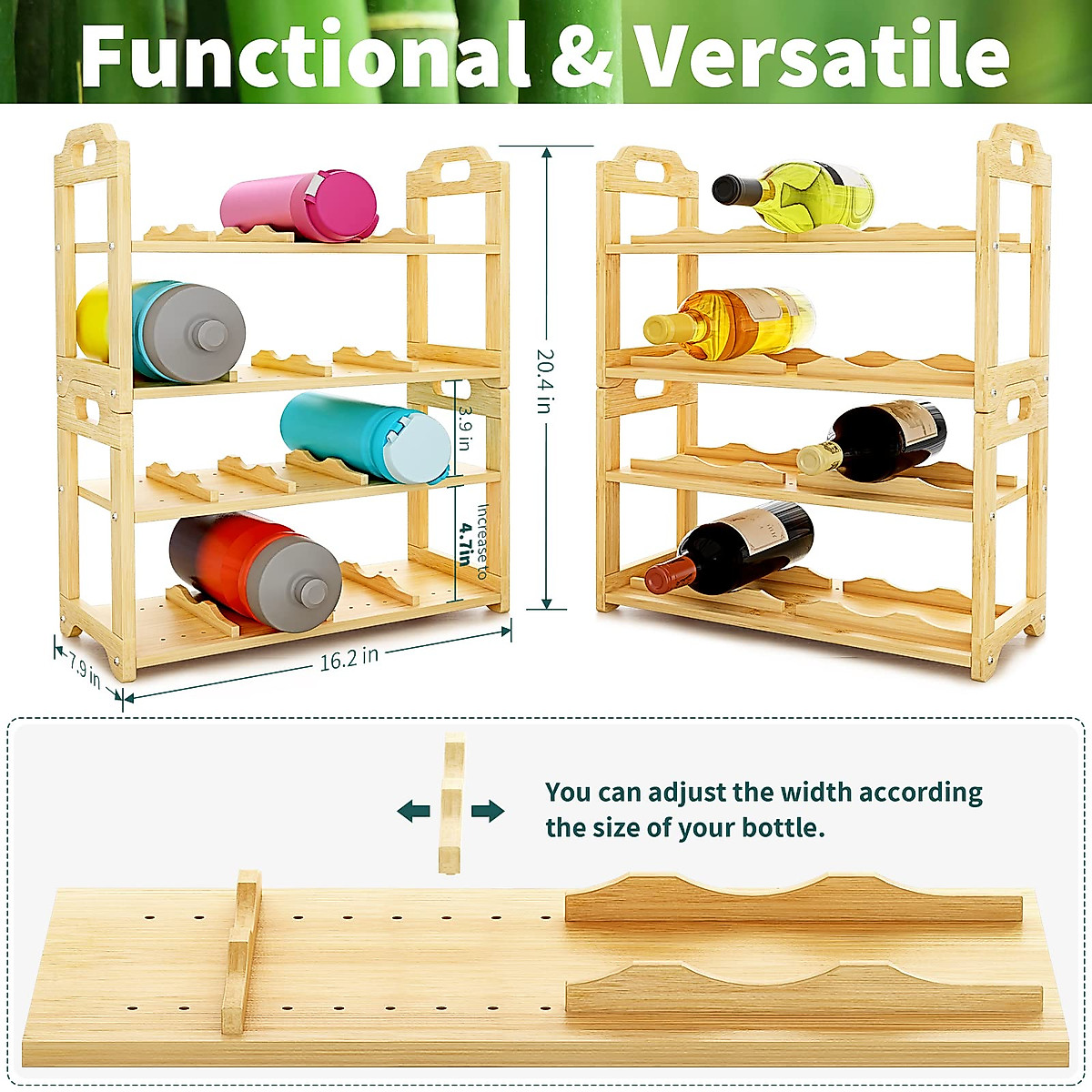 KOK KAY Water Bottle Organizer, Stackable Bamboo Water Bottle Holder, 20 Freestanding Wine Rack Storage - 4-Layer Adjustable Water Bottles Storage Organizer Rack