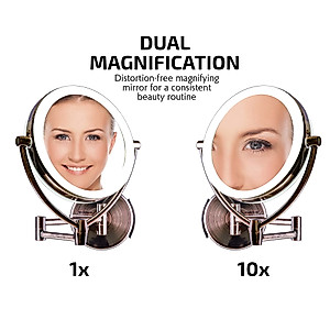 Ovente 7.5" Lighted Wall Mount Makeup Mirror, 1X & 10X Magnifier, Spinning Double Sided Round LED w/ Dimmer Switch, Extend, Retractable & Folding Arm, Battery USB Powered Antique Brass MLW75AB1X10X