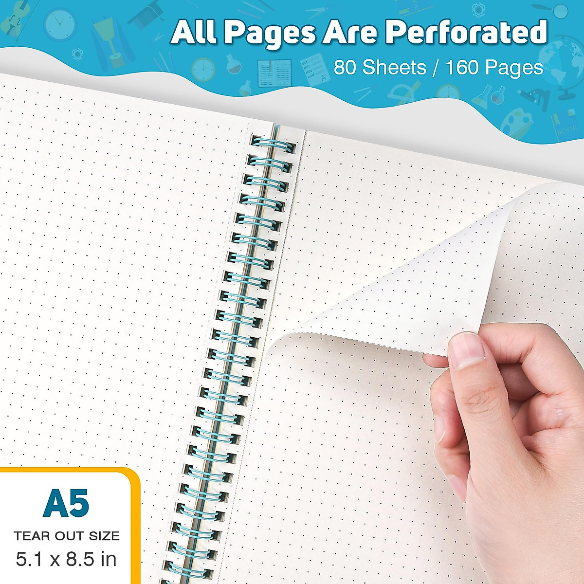 3 Pack Dotted Journal Notebook, 1 Subject Spiral Notebook with Pockets, A5 Bullet Journals,480 Perforated Pages 100gsm Thick Dotted Paper,Dot Journal Notebook for School Supplies Office,5.85" x 8.5"