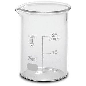 25ml Beaker, Low Form Griffin, Borosilicate 3.3 Glass, Spout & Printed Graduations, Karter Scientific 232N3 (Pack 12)