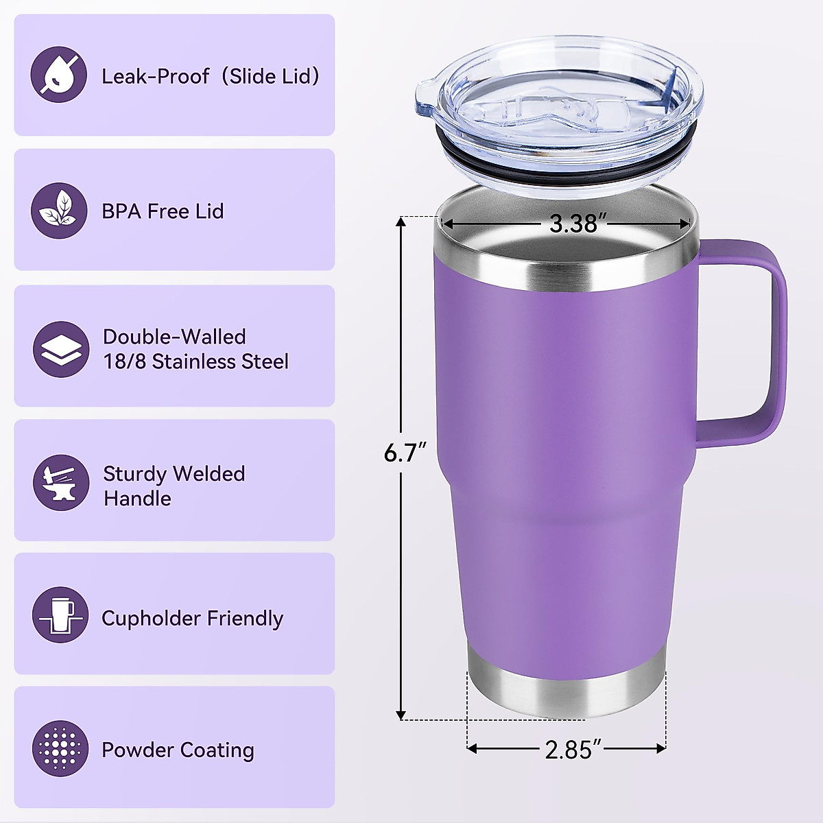 HASLE OUTFITTERS 20oz Tumbler with Lid, Stainless Steel Tumbler with Handle, Metal Insulated Travel Coffee Mug with Handle, Double Wall Vacuum Spill Proof Tumbler Cup, Purple 1 Pack