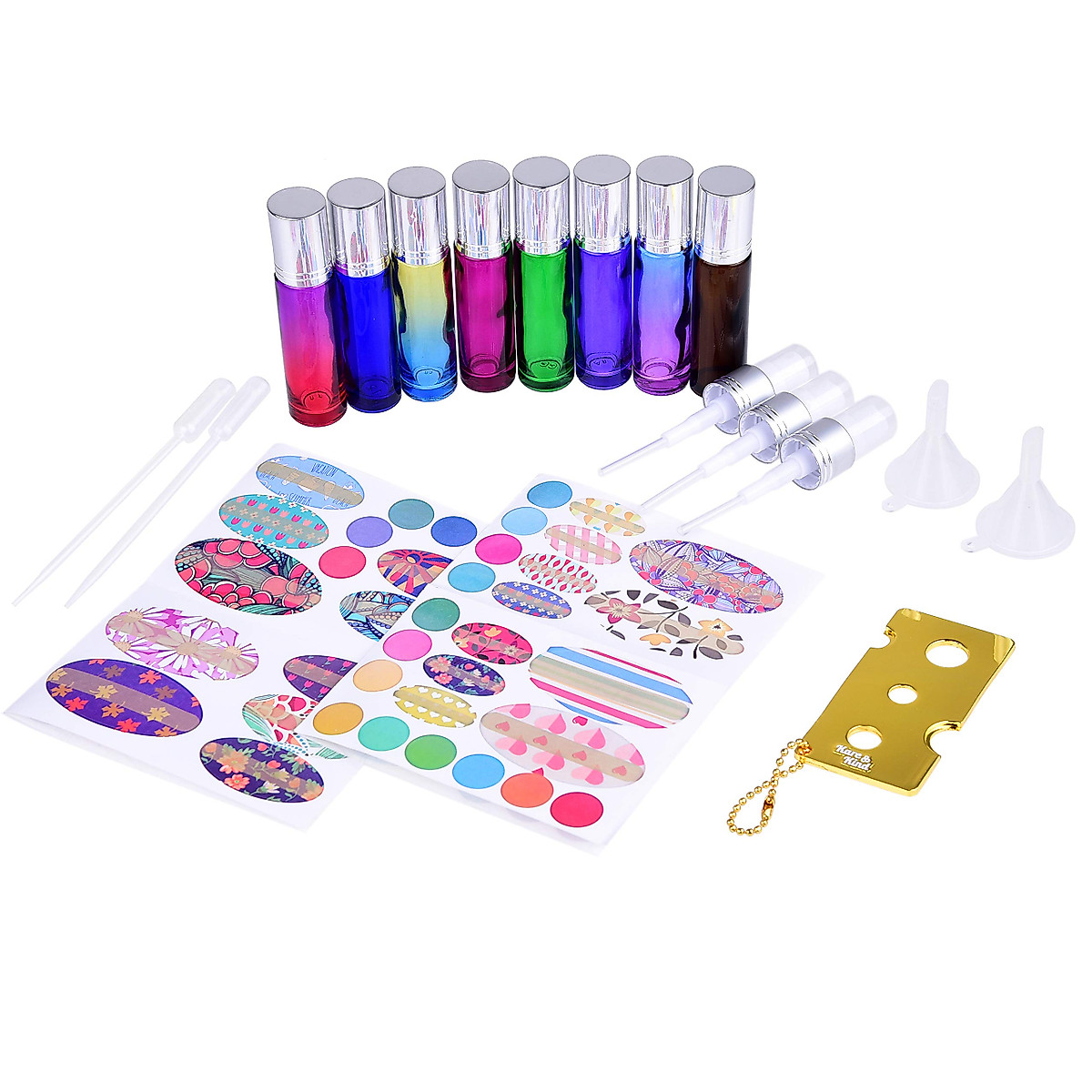 Kare & Kind Essential Oil Bottle Kit - 8x Essential Oil Bottle (0.35 oz - 10 ml), 8x Roller Ball Cap, 3x Fine Mist Sprayer, 1x Tool for Opening Bottles, 78x Label, 2x Mini Dropper, 2x Mini Funnel
