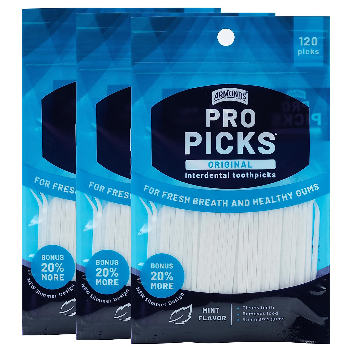 Armonds ProPicks Original Dental Picks for Teeth Cleaning - Disposable Plastic Toothpicks for Teeth & Gums - Cleans Teeth & Massages Gums - Fresh Mint Flavor - 3 Packages x 120 Interdental Tooth Picks