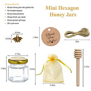 IIKUM 40 Pack 1.5 oz Hexagon Mini Glass Honey Jars with Wooden Dippers, Gold Lids, Bee Pendants, Golden Gift Bags, Thank You Cards, Jutes - Perfect for Baby Shower, Wedding Favors and Party Favors