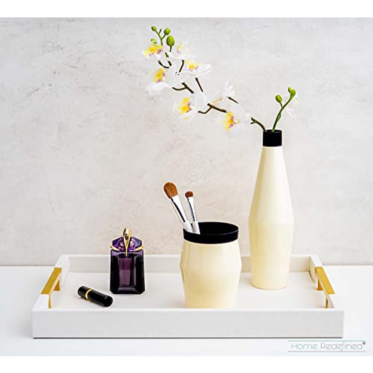 Modern Elegant 18"x12" Rectangle White Glossy Shagreen Decorative Ottoman Coffee Table Perfume Living Room Kitchen Serving Tray with Gold Polished Metal Handles by Home Redefined for All Occasion's