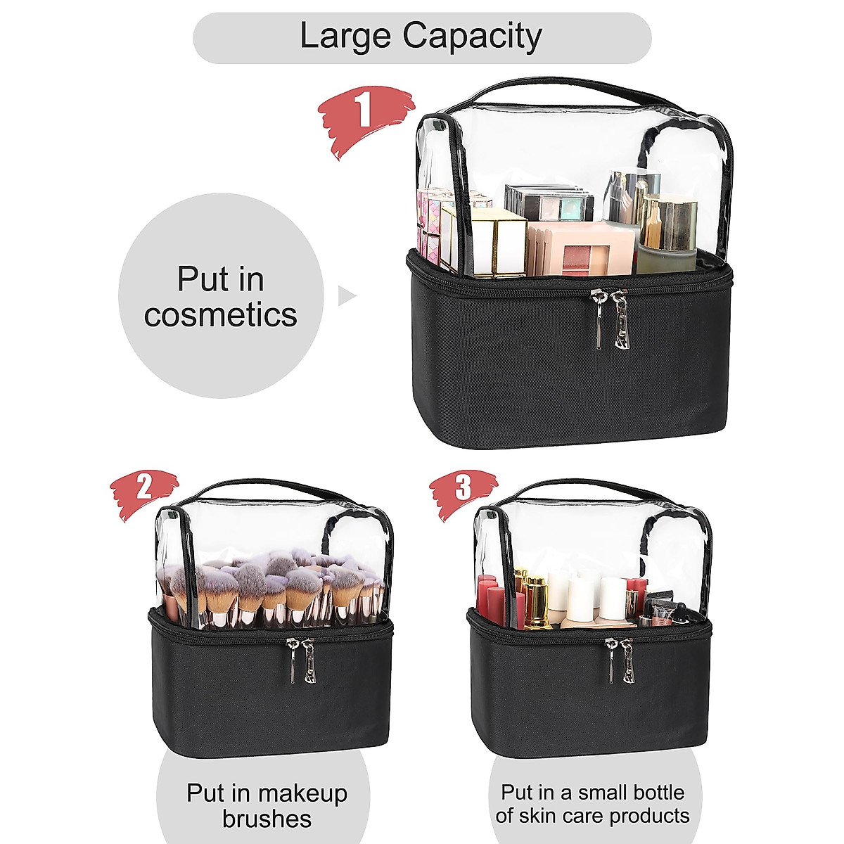 Makeup Brush Case Makeup Brush Organizer Bag Travel Stand-up Makeup Cup Professional Cosmetic Bags Artist Storage Bag with Adjustable Dividers Flip-Top Makeup Brush Holder (Black)