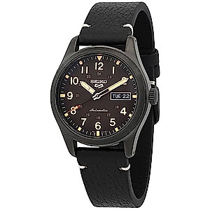 SEIKO SRPG41 Watch for Men - 5 Sports - Automatic with Manual Winding Movement, Black Dial, Stainless Steel Case with Black Ion Finish, Black Leather Strap, and 100m Water Resistant
