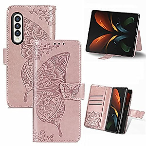 Bizzib for Samsung Galaxy Z Fold 3 5G Case Magnetic Closure Wallet,Embossed Floral Butterfly Leather Folio Flip Case with Card Slot Shockproof Protective Cover for Women Girls-Rose Gold
