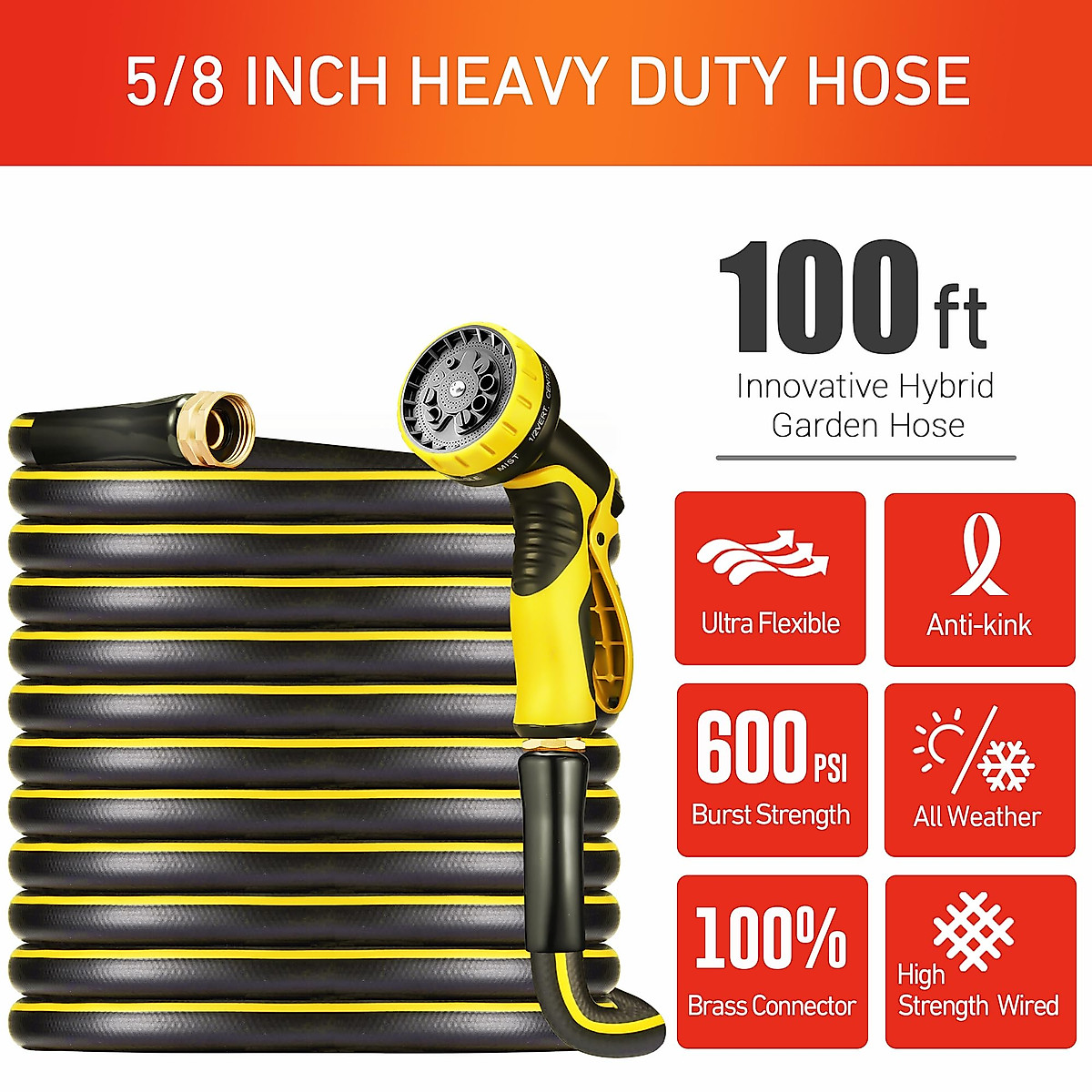 Adimos Hybrid Garden Hose 100 ft x 5/8", Heavy Duty Flexible Lightweight Water Hose 100ft with 10 Function Sprayer Nozzle, 3/4'' Solid Brass Fittings, Ultra Durable, All-weather
