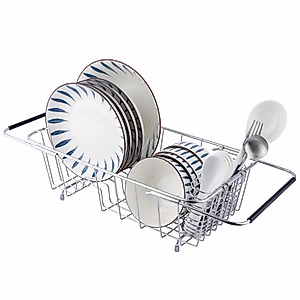 Tikxlafe Dish Drying Rack in Sink 304 Stainless Steel with Utensil Cutlery Holder for Kitchen Counter,Medium Expandable Deep Rustproof Over The Sink Dish Rack Set