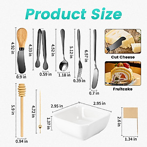 Charcuterie Board Accessories With 3 Oz Ceramic Dip Bowls, Wooden Handle Black Cheese Spreader Butter Knive Set Kit, Mini Tongs, Spoons, Forks,Honey Dipper, Cocktail Picks