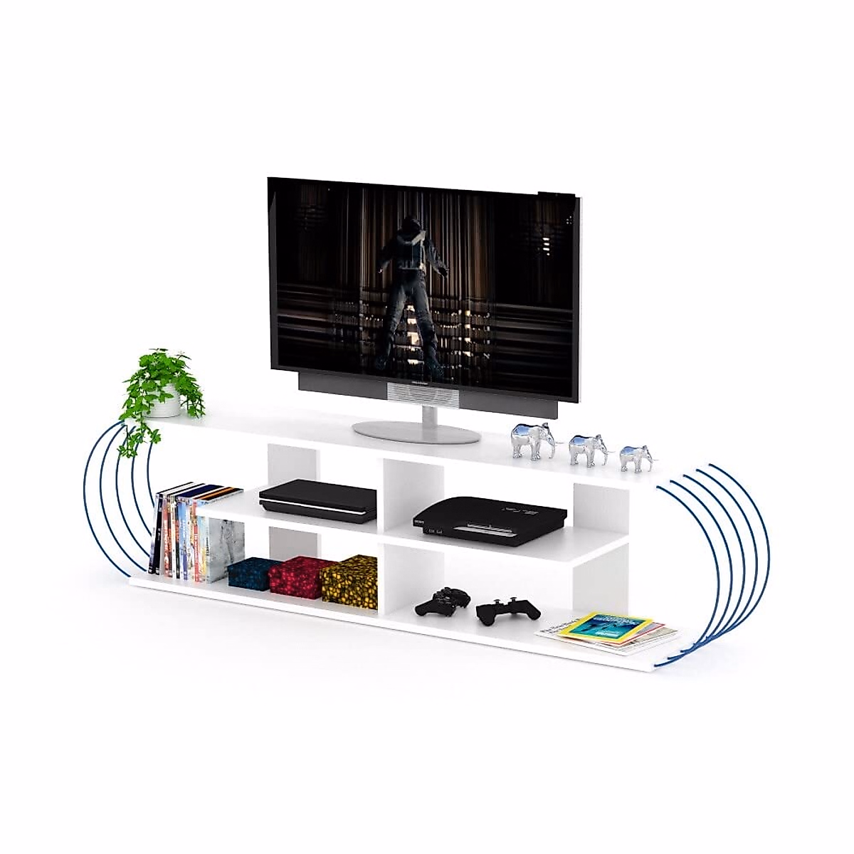 Casemiro Mid Century Modern Tv Stand 4 Shelves Open Storage Entertainment Centre 68 inch Tv Unit Walnut-Chrome