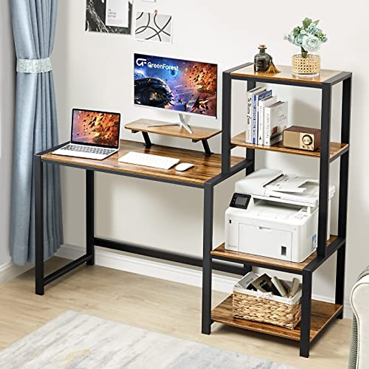 GreenForest Computer Desk 59 inch with Storage Printer Shelf Reversible Home Office Desk with Movable Monitor Stand and 2 Headphone Hooks for Study Writing PC Gaming Working, Walnut