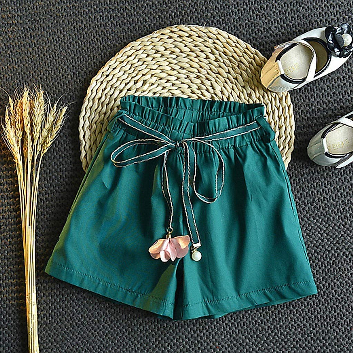 Guodeunh Baby Toddler Girls Summer Outfits Kids Flower Print T-Shirt Sleeveless Top Belt Shorts Pants Set(Green,6-7Years)