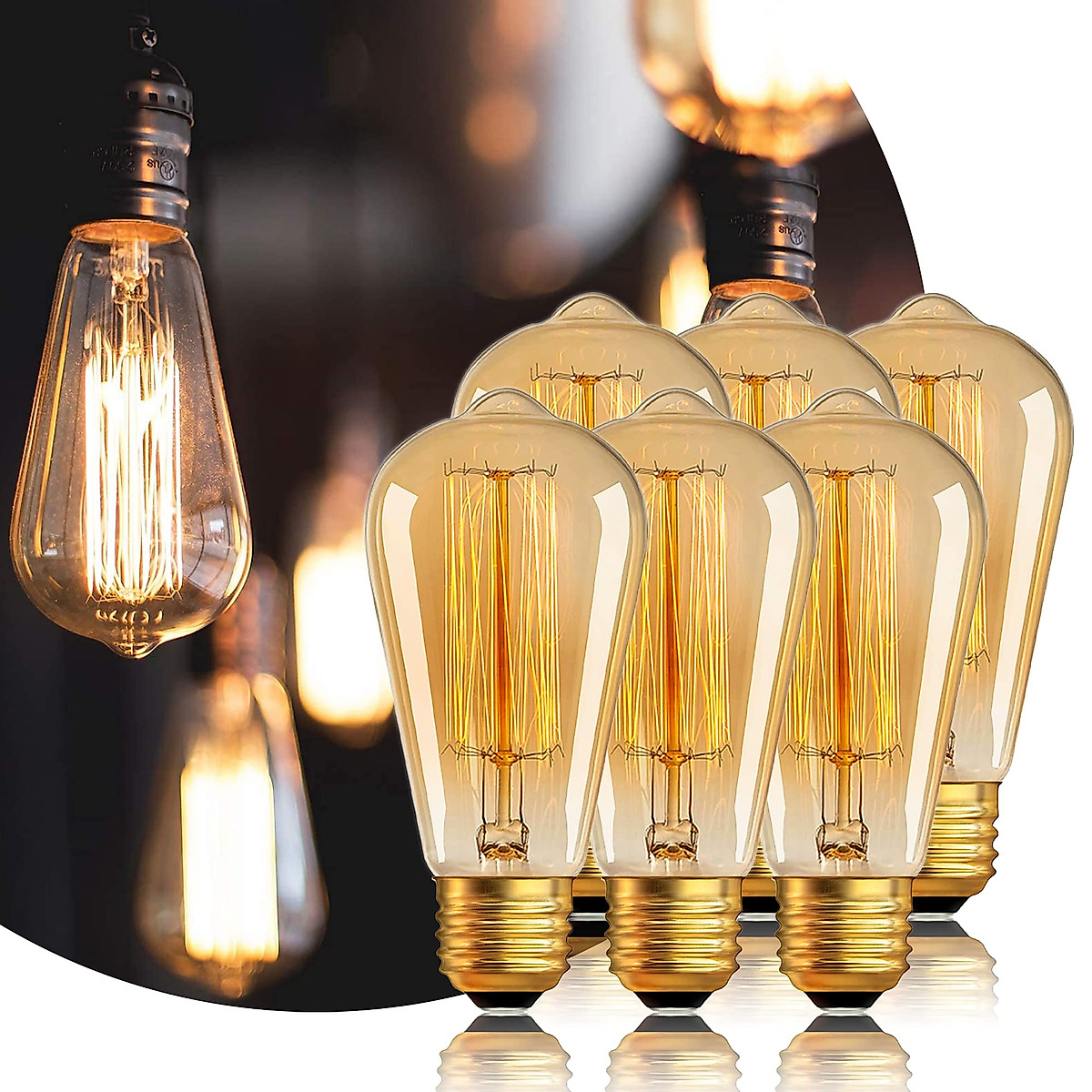 Sevici Edison Bulb, 6 Packs, ST64 60W 120V Edison Bulb Retro Incandescent Bulb, E26/E27 Base, 2200K Amber Warm Yellow Base, Dimmable, Retro Glass Bulb, Suitable for Outdoor and Indoor