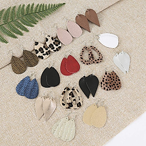 Wremily 16 Pairs Leather Earrings for Women Teardrop Leaf Leopard Print Drop Earrings Lightweight Dangle Earrings Set