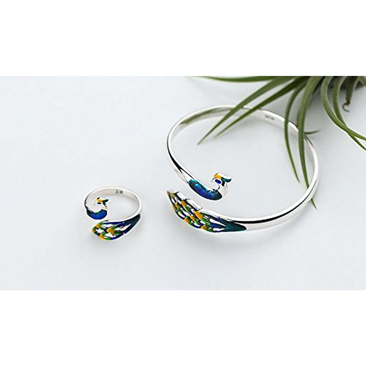 Helen de Lete Coloful Peacock Phoenix Wonder Bird 925 Sterling Silver Open Ring/Bracelet (Bracelet)