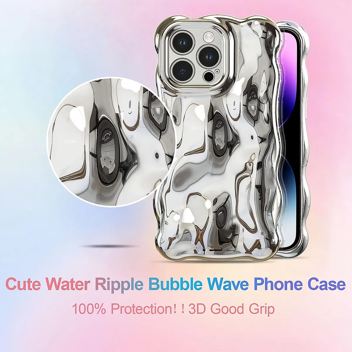UEEBAI Ripple Case for iPhone 13 Pro Max, Cute Silver Cover Wave Shape for iPhone Case Pretty Aesthetic 3D Phone Cover, Water Ripple Shell 3D Chrome Design for Women and Girl, Silver