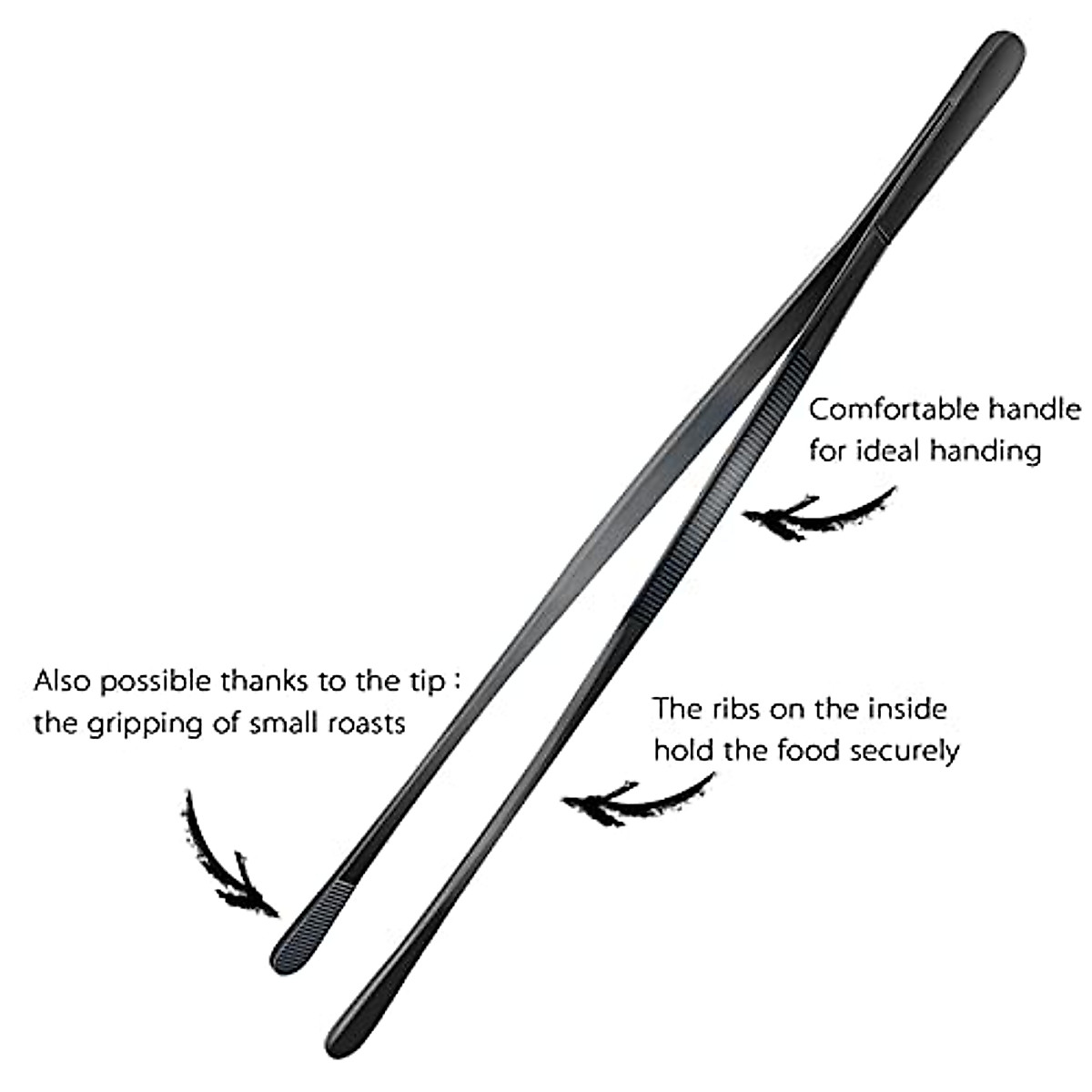 12-Inch Professional Kitchen & Cooking Tweezers Tongs - Stainless Steel Long Tweezer Tongs - Black Coated - BBQ,Plating,Multi-use