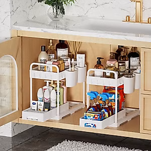 USFU Under Sink Organizers and Storage for Kitchen and Bathroom 2nd Floor Large Size Cabinet Cleaning Supplies Organizer Shelf,Sliding Drawer,White(2Pack)