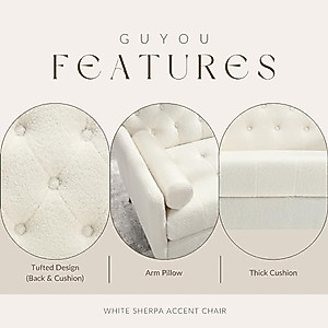 Guyou Modern Accent Chair, White Sherpa Upholstered Tufted Armchair Reading Chair Sofa Chair with Removable Cushion and Gold Legs for Living Room Bedroom Office Chatting Room