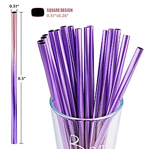 NiHome Pearlescent Reusable Stainless Steel Metal Straws 16-Pack with 2PCS Brushes, 8.5" Length, Square Twisted Design, Dishwasher Safe with 2 Cleaning Brushes Included (Gradient Pink Purple)